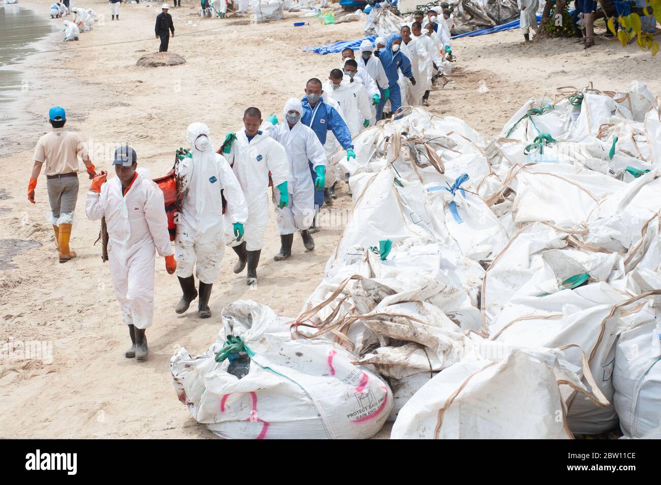 Workers and volunteers line up To put the plastic pallet in the sea ...