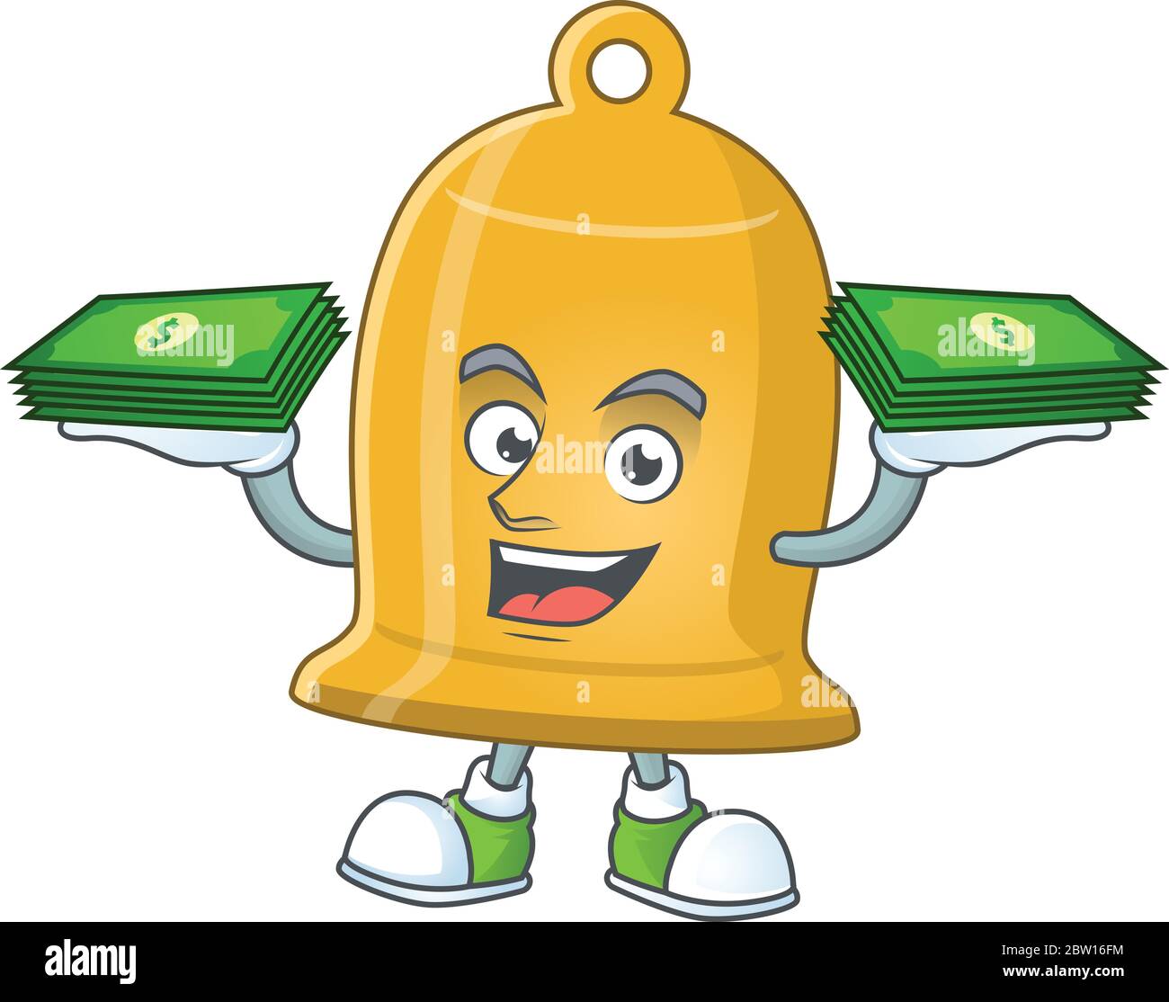A cheerful bell cartoon mascot design having some money on hands Stock ...