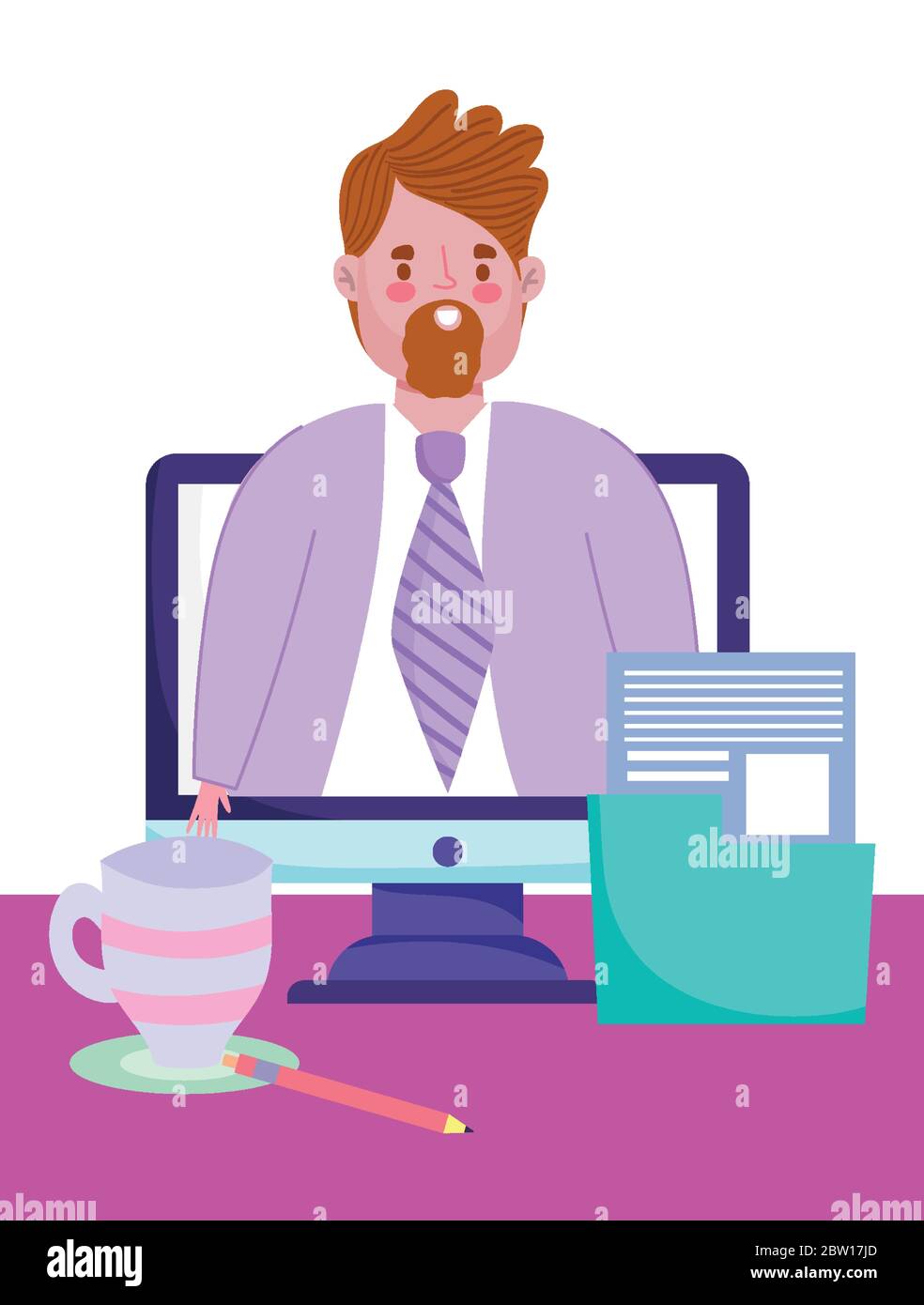 online education male teacher in video computer folder and coffee cup ...