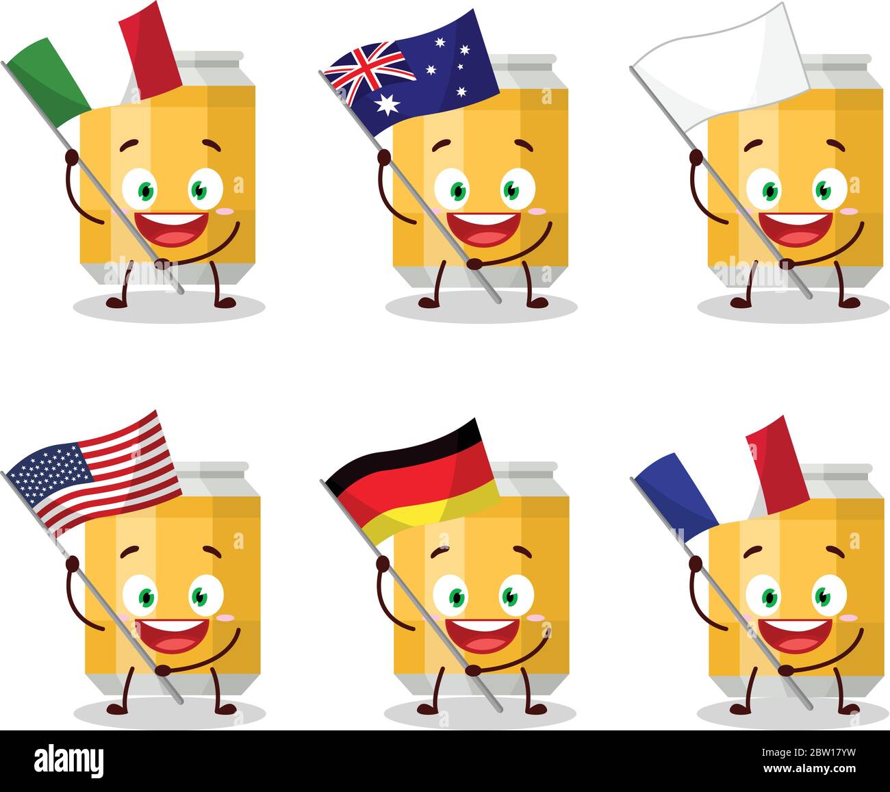 Beer Can Cartoon Character Bring The Flags Of Various Countries Stock