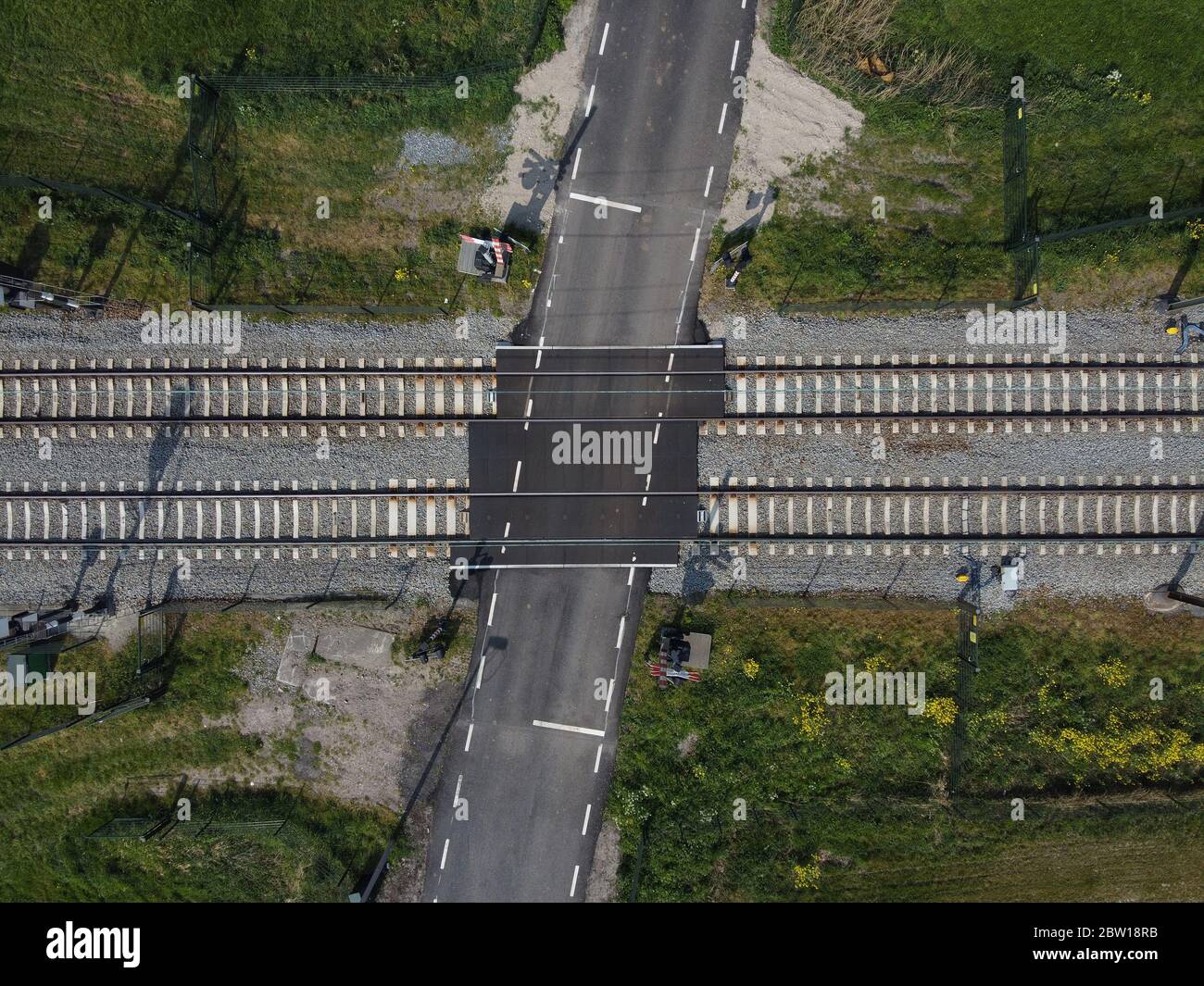 Railroad crossing and Train Tracks from Above. Aerial view Stock Photo ...