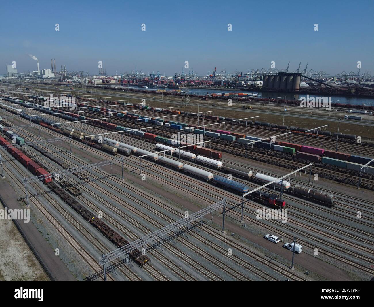 Aerial Bird View Photo Of Railroad Container Terminal With Train Loaded With Containers By