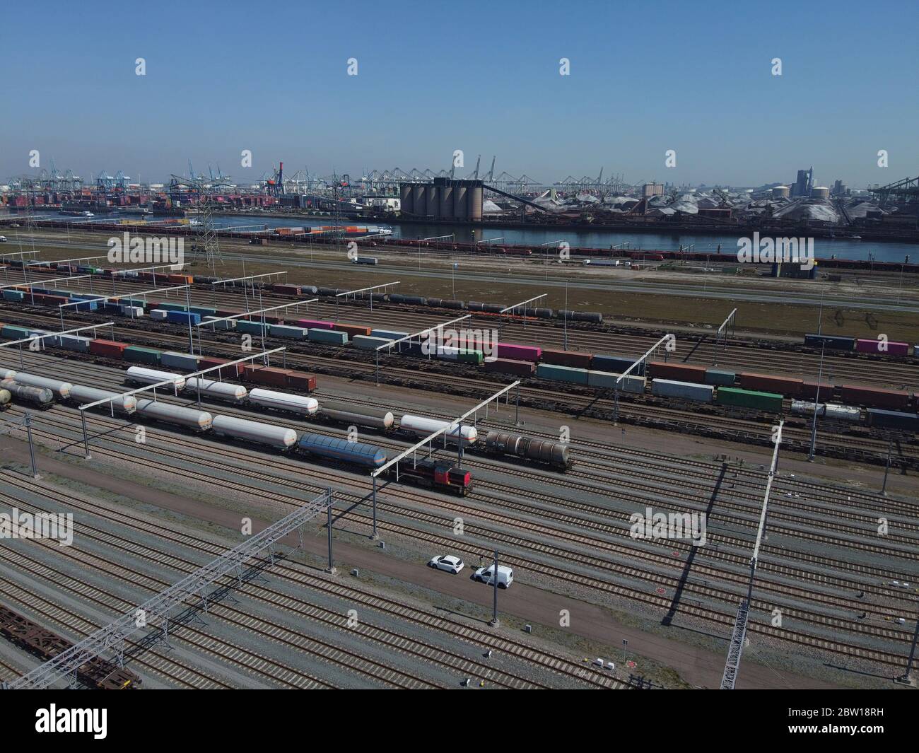 Aerial bird view photo of railroad container terminal with train loaded ...