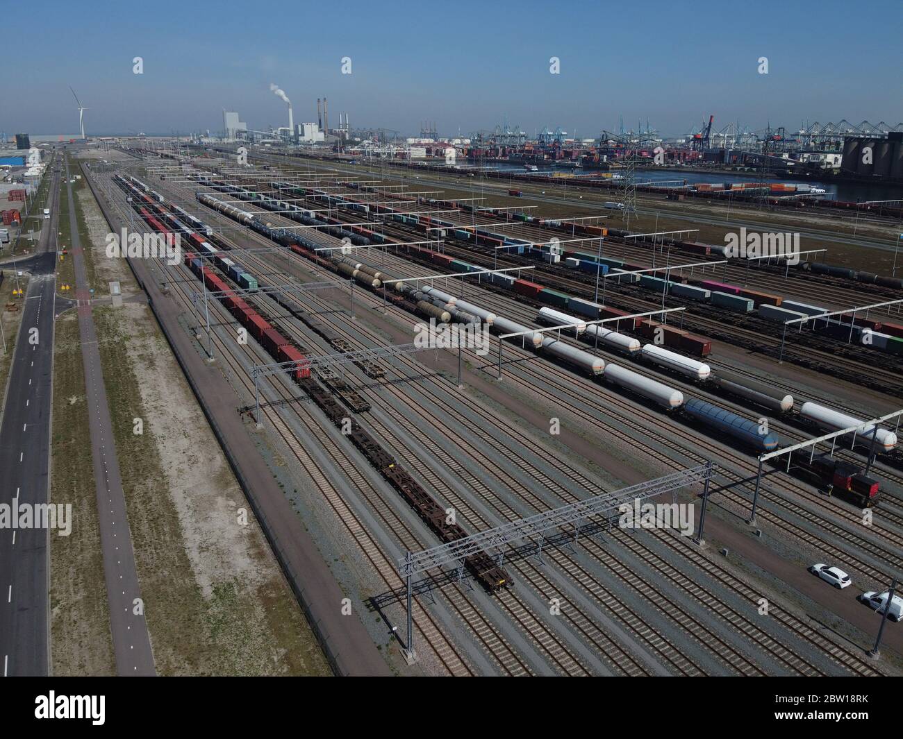 Aerial bird view photo of railroad container terminal with train loaded ...