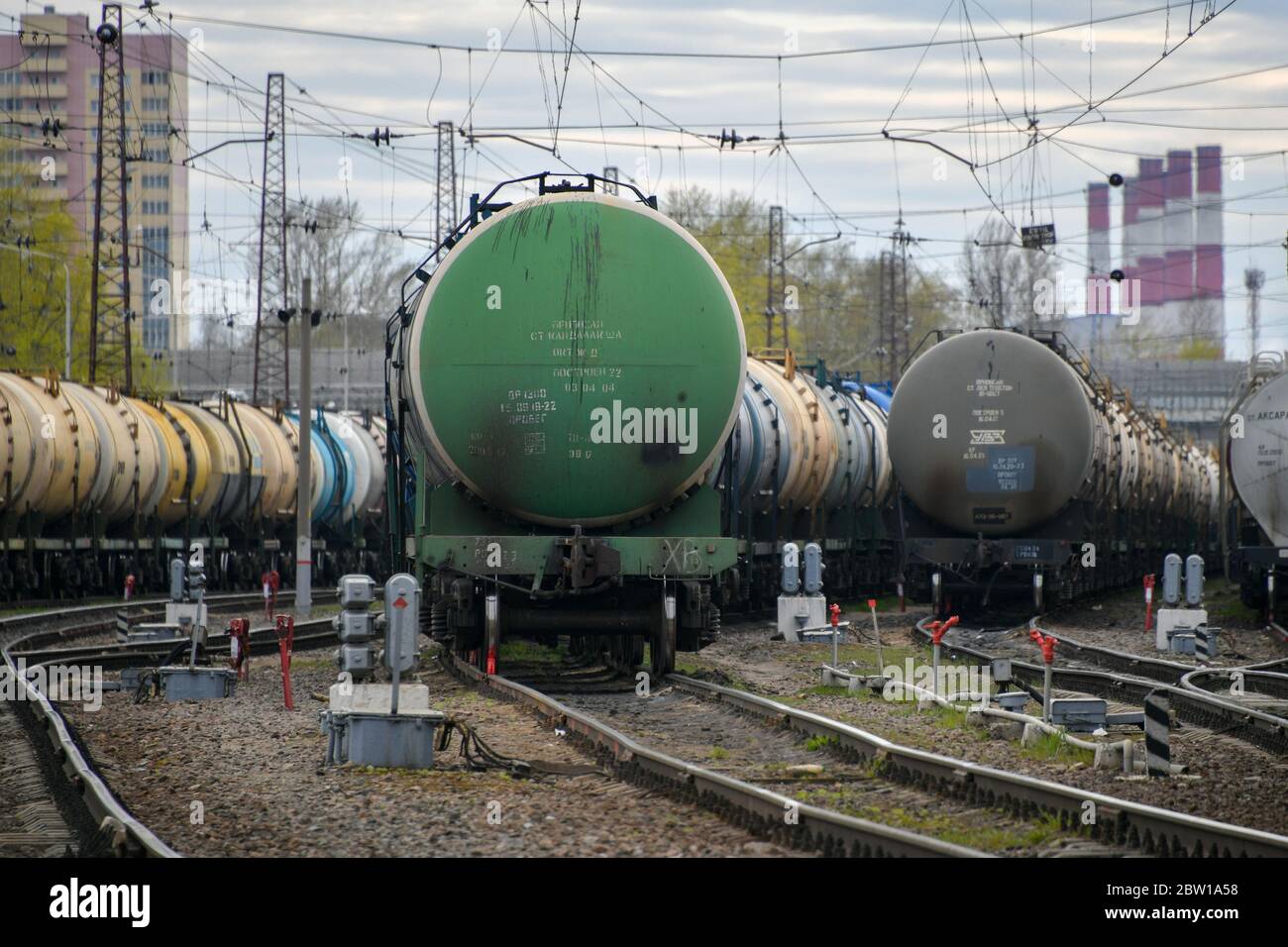 Moscow, Russia. 2nd May, 2020. Railway tank cars with oil in Moscow ...