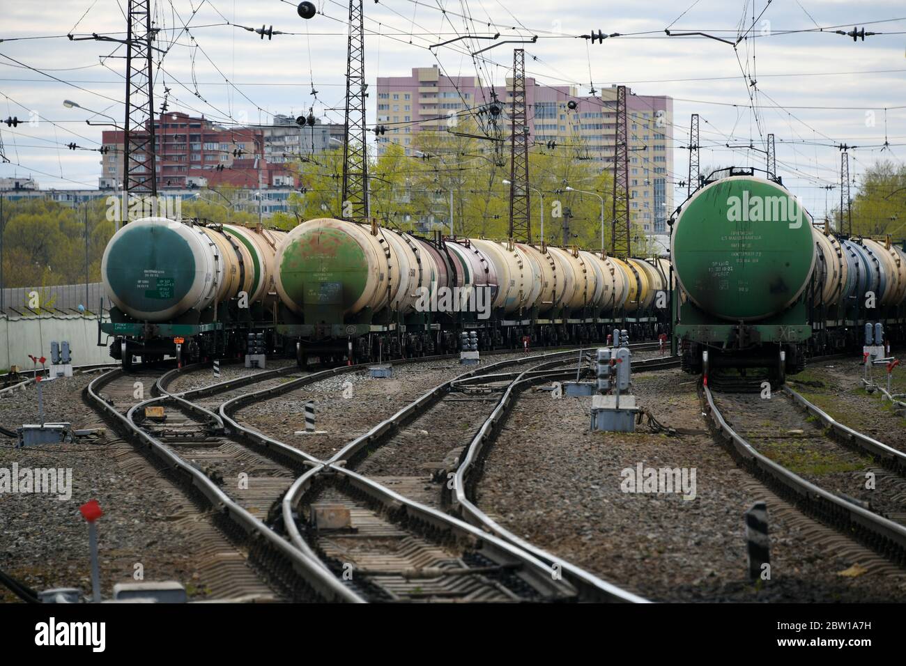 Moscow, Russia. 2nd May, 2020. Railway tank cars with oil in Moscow ...