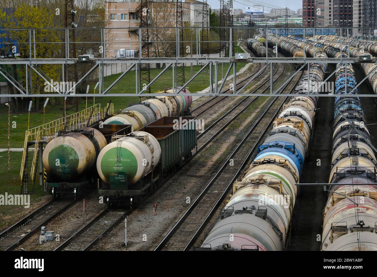 Moscow, Russia. 2nd May, 2020. Railway tank cars with oil in Moscow ...