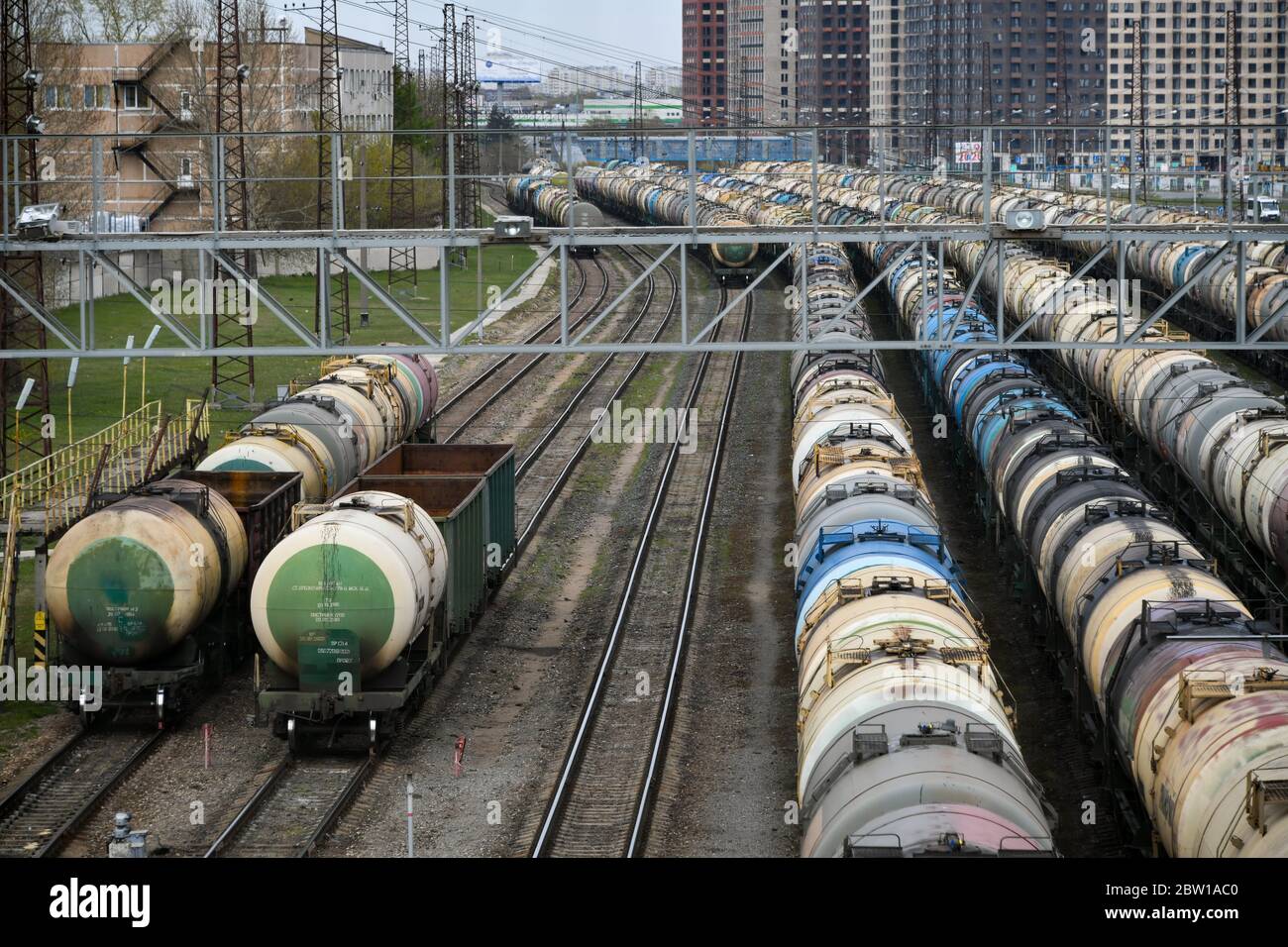 Moscow, Russia. 2nd May, 2020. Railway tank cars with oil in Moscow ...