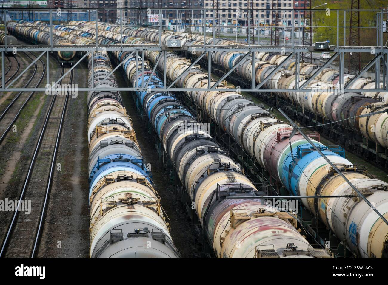 Moscow, Russia. 2nd May, 2020. Railway tank cars with oil in Moscow ...