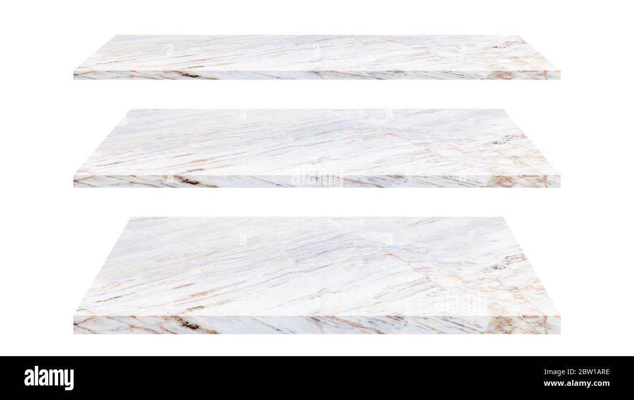 3 empty marble shelves Different levels, isolated on white backgrounds ...
