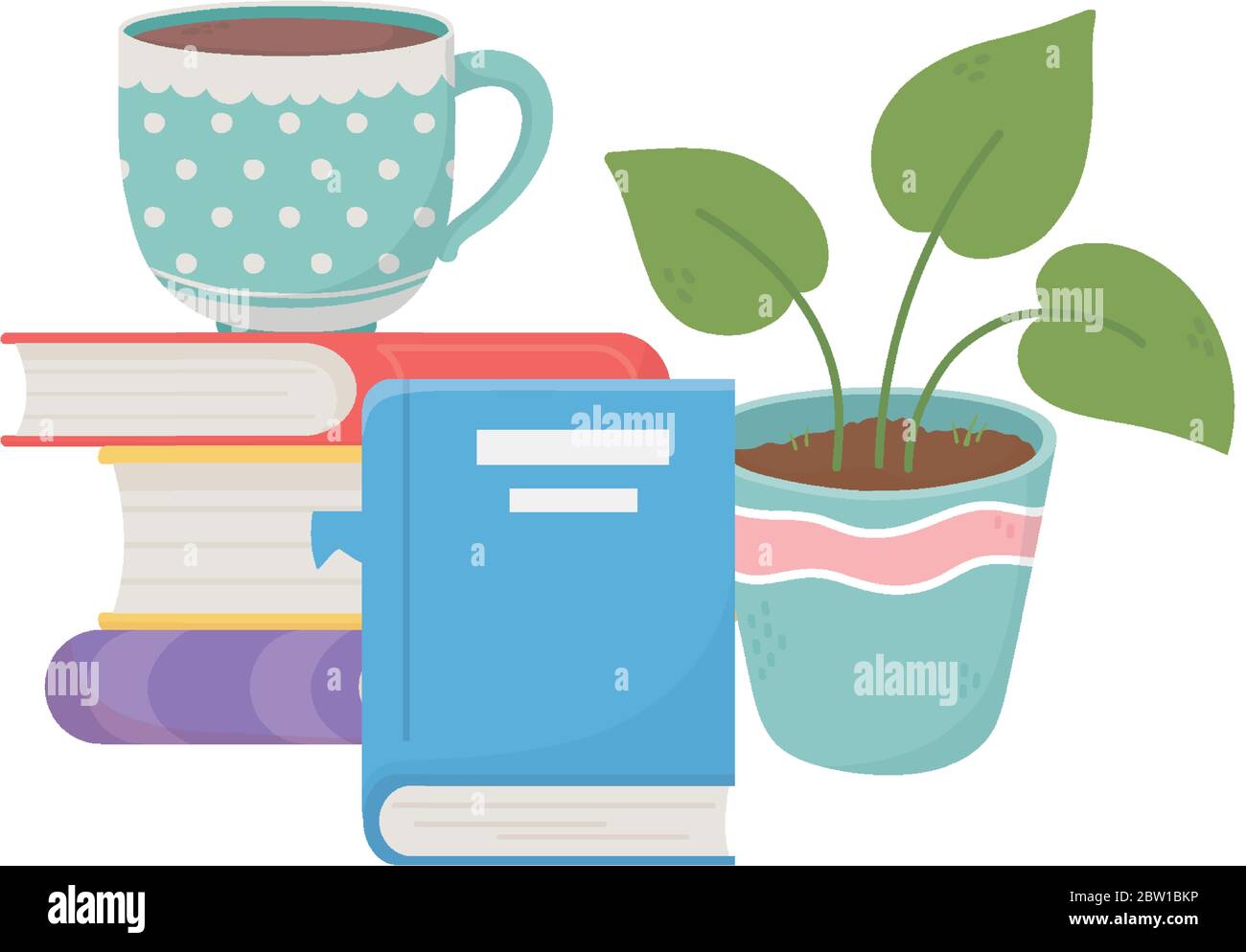 sweet home stack of books potted plant and coffee cup vector ...