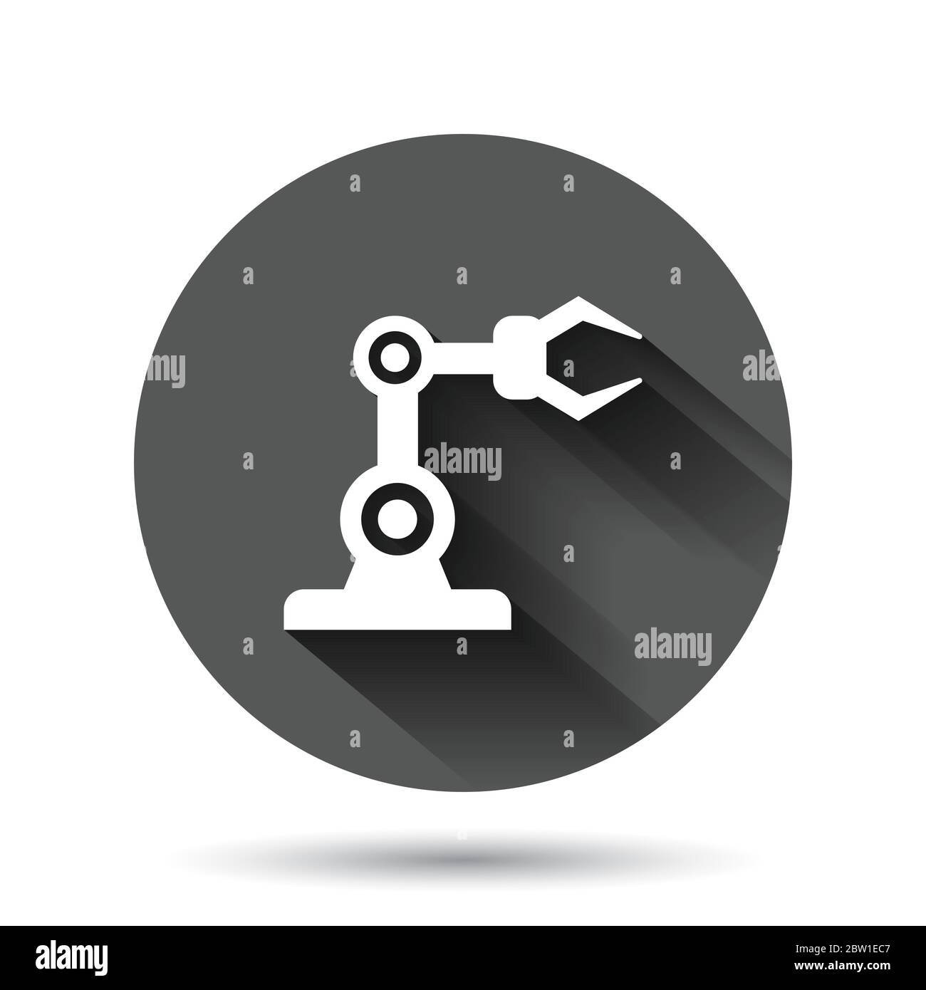 Robot arm icon in flat style. Mechanic manipulator vector illustration on black round background ...