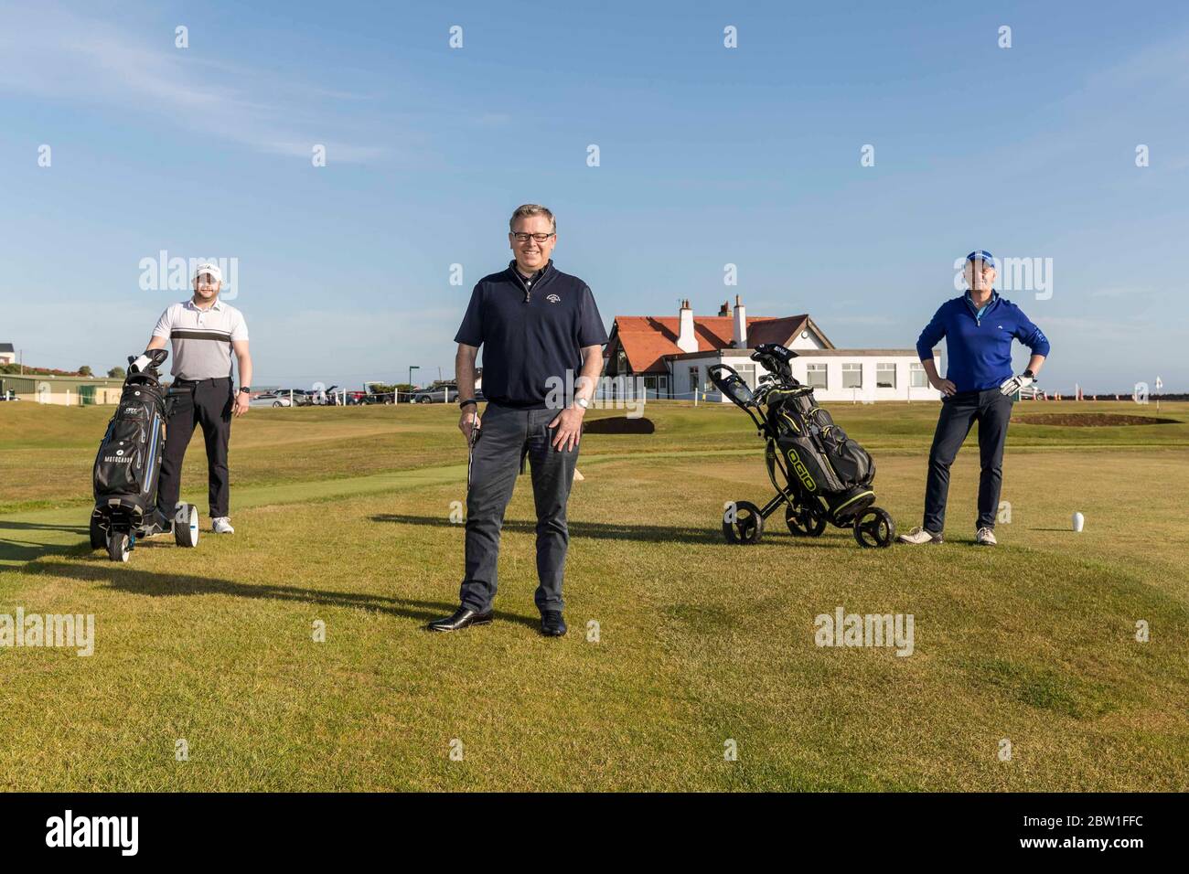 Dunbar, United Kingdom. 29 May, 2020 Pictured: The first golfers ...
