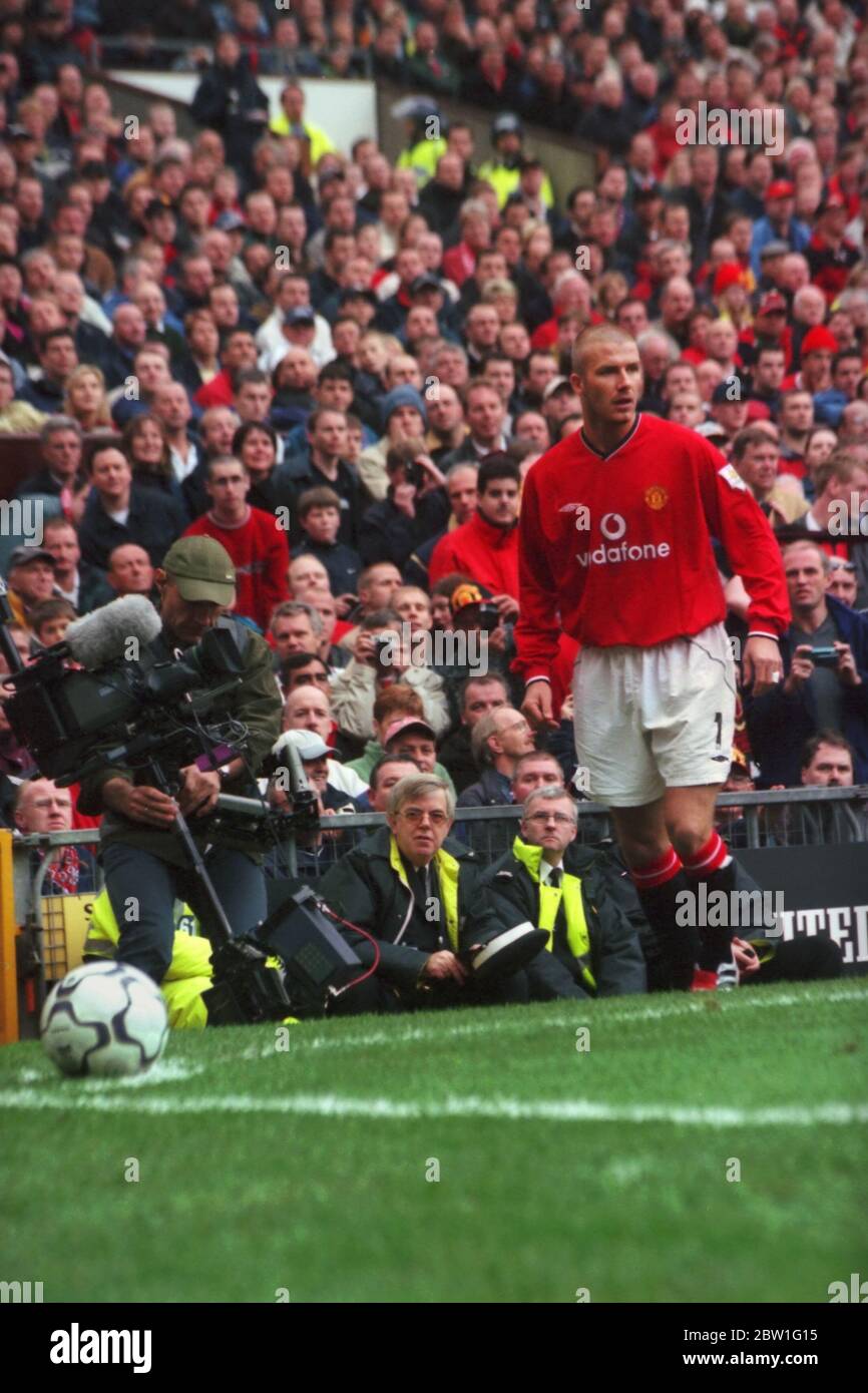 David Beckham is taking a corner kick during a match in FA Premiership ...