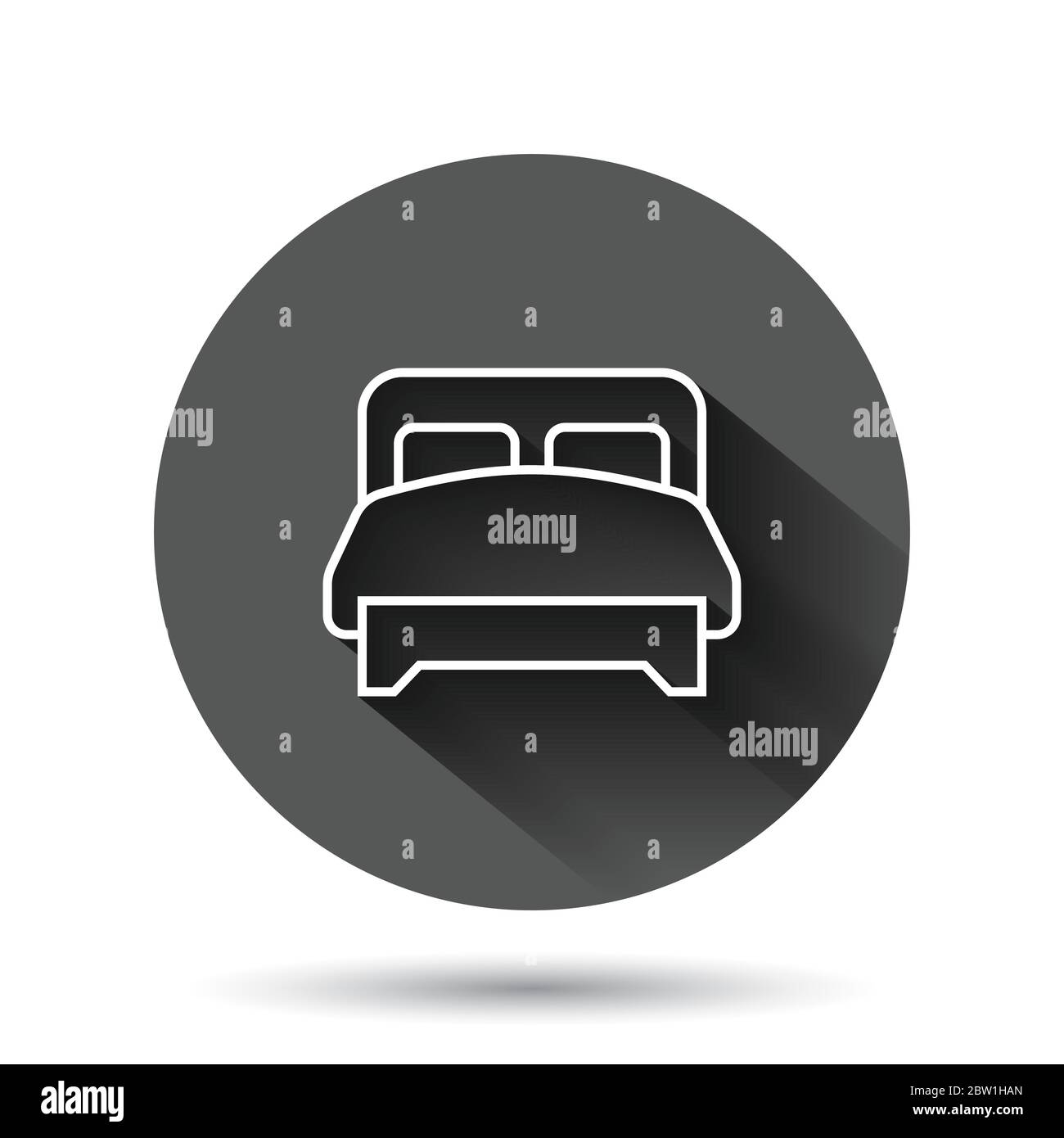 Bed icon in flat style. Bedroom sign vector illustration on black round ...