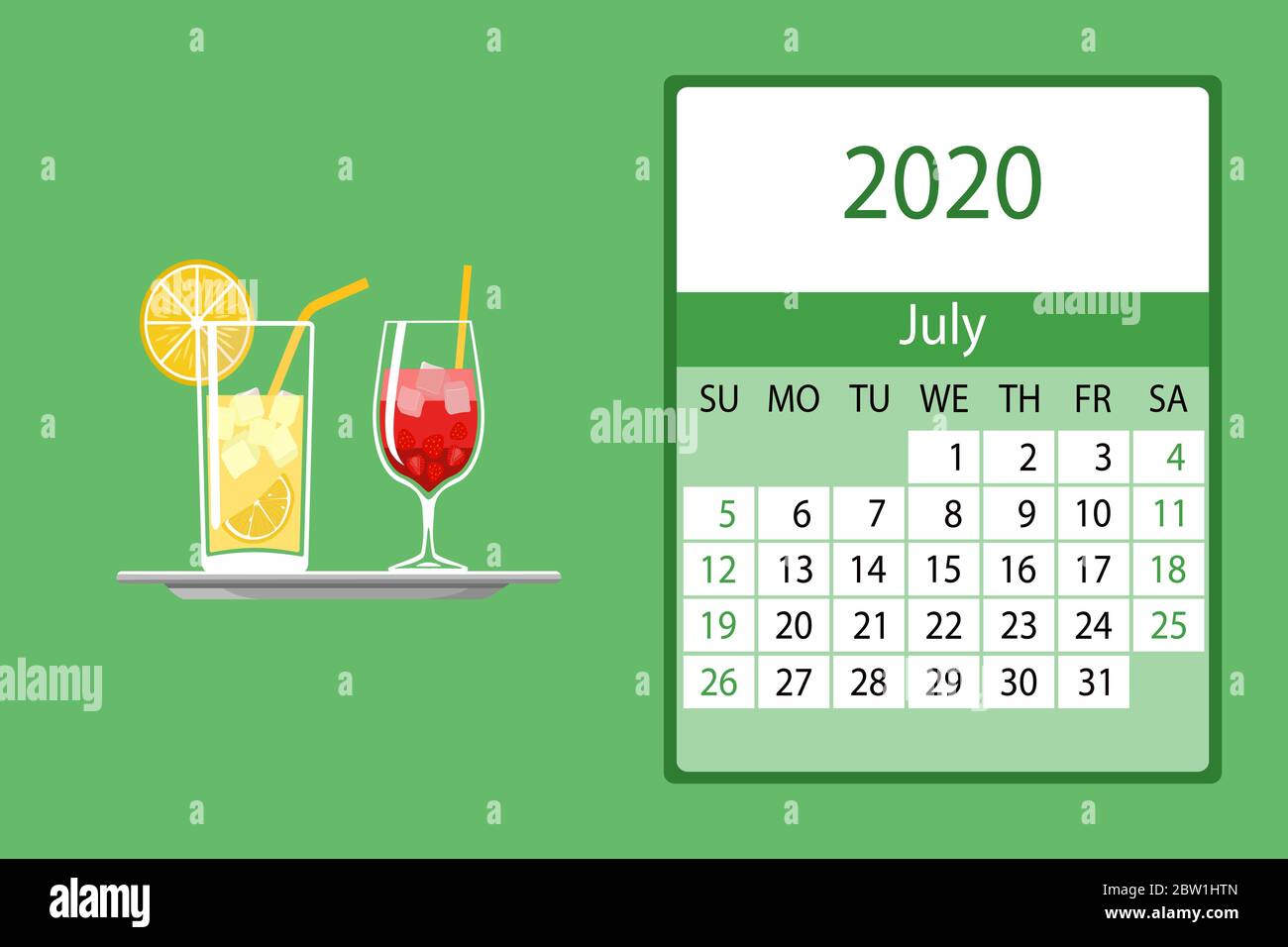 Calendar 2020. July monthly calendar decorated with cute coctails ...