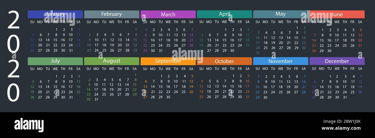 Colorful Yearly Calendar 2020 Week Starts From Sunday Vector Stock