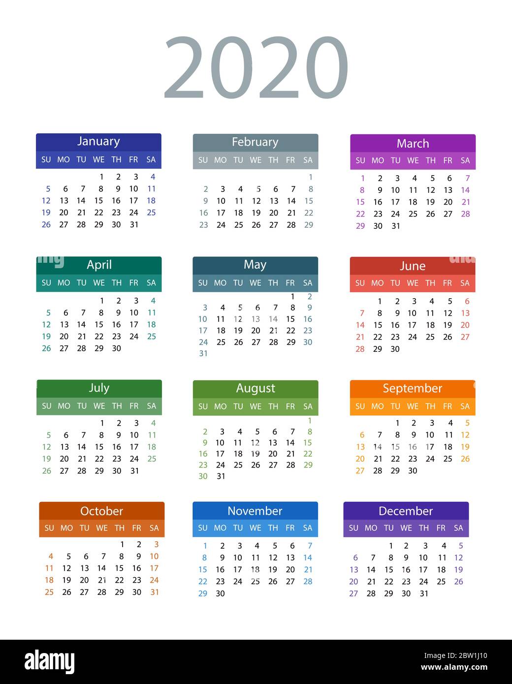 Calendar 2020. Week starts on Sunday.Colorful design on white ...