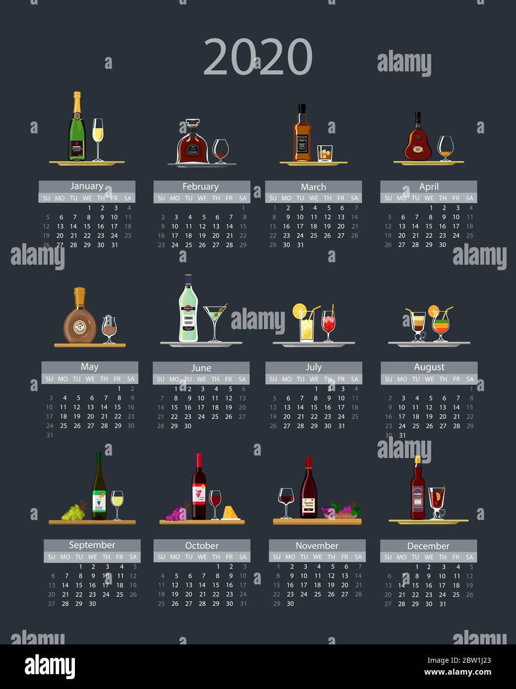 Calendar 2020. Monthly calendar is decorated with cute bottles of ...
