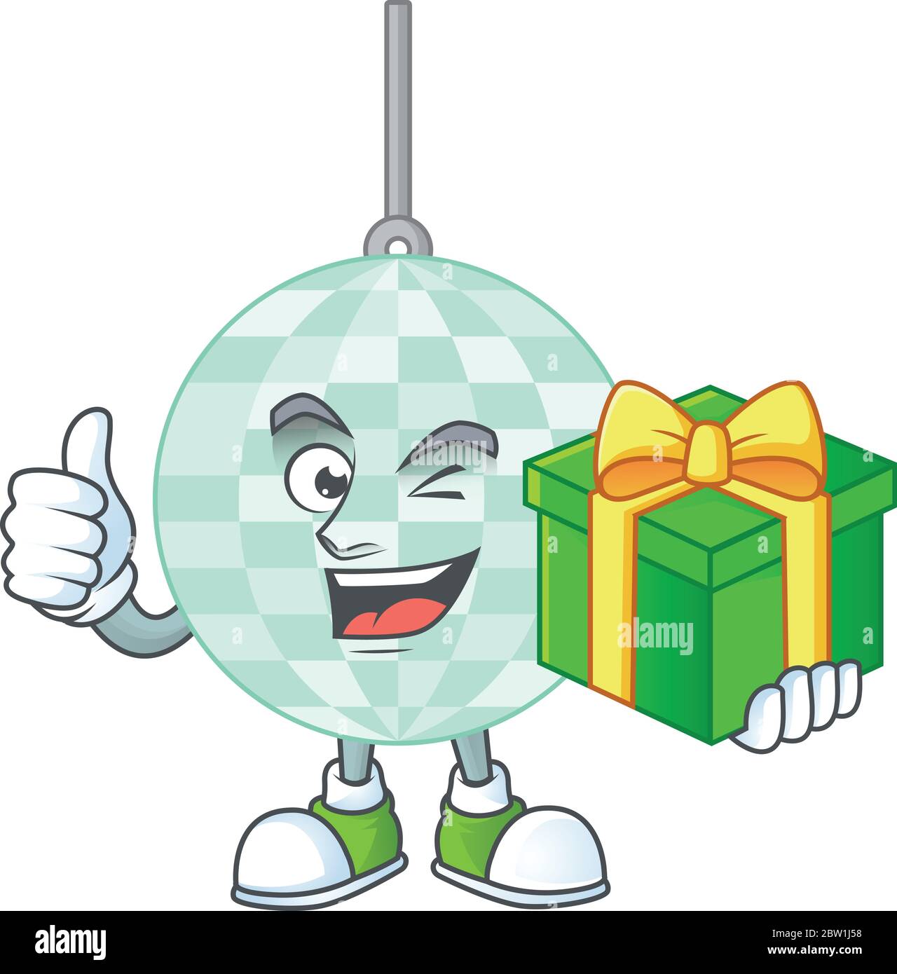 Happy smiley disco ball cartoon mascot design with a gift box Stock ...