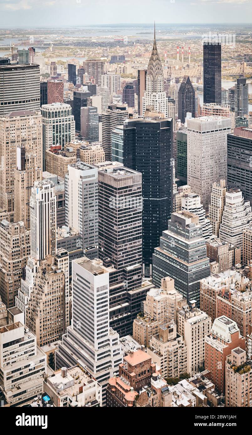 Aerial view of Manhattan skyline, color toning applied, New York City ...