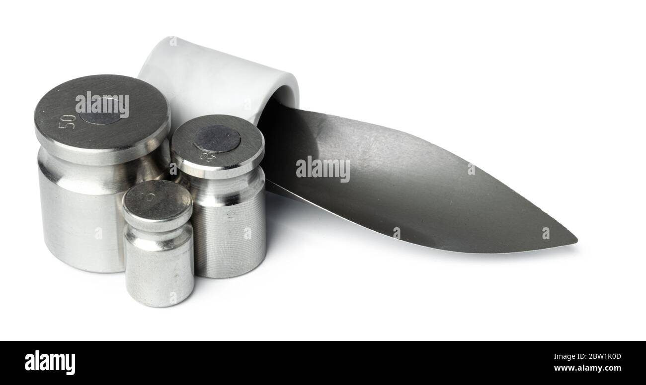 Set of metal weights for scales isolated on white Stock Photo - Alamy