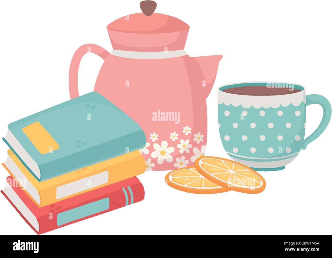 sweet home stack of books kettle coffee cup sliced oranges vector ...