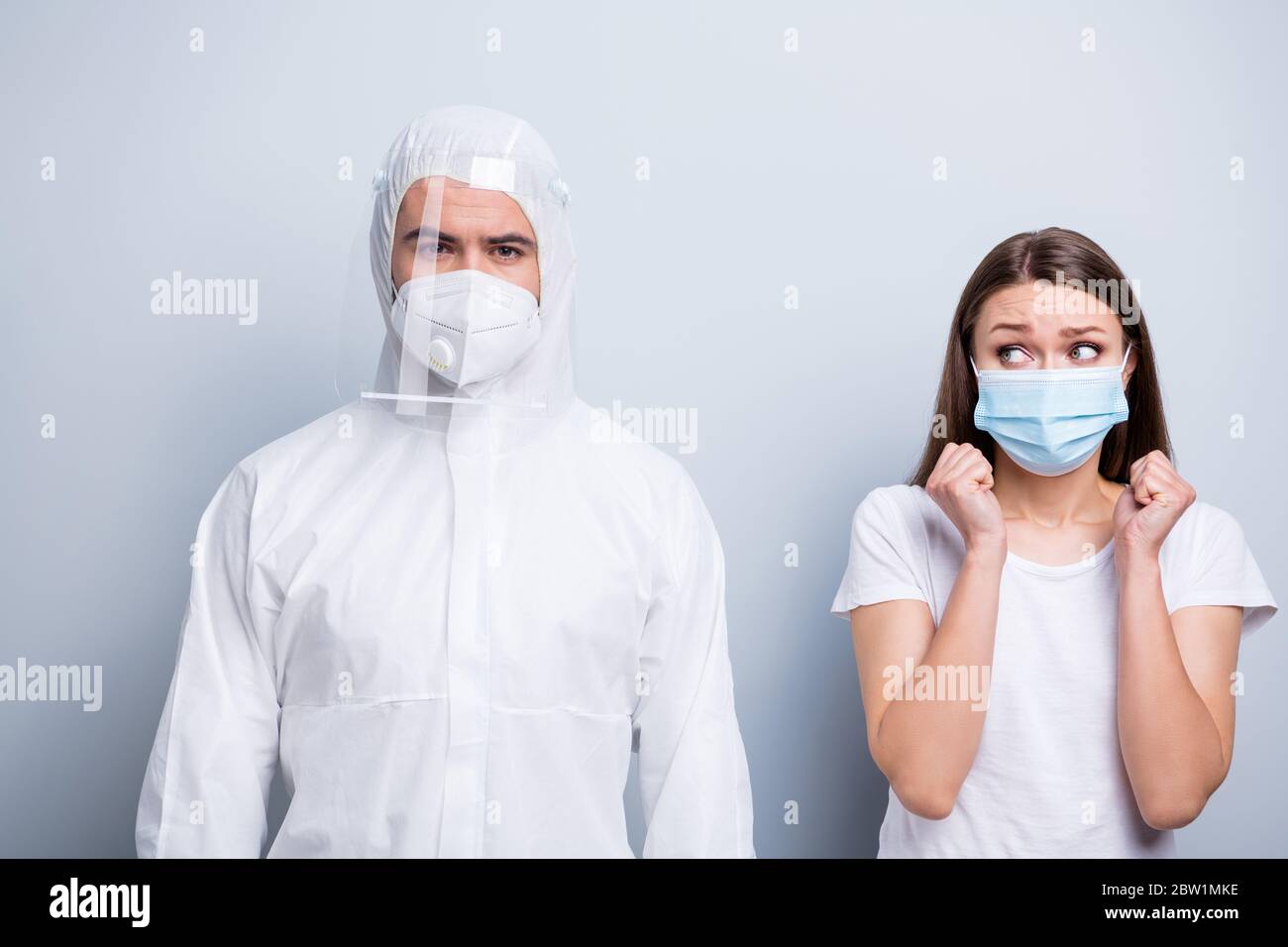 Photo of young patient lady terrified look guy expert doc virology ...