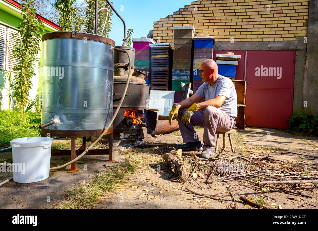 Man throws dry branches into the firebox of a homemade distillery ...