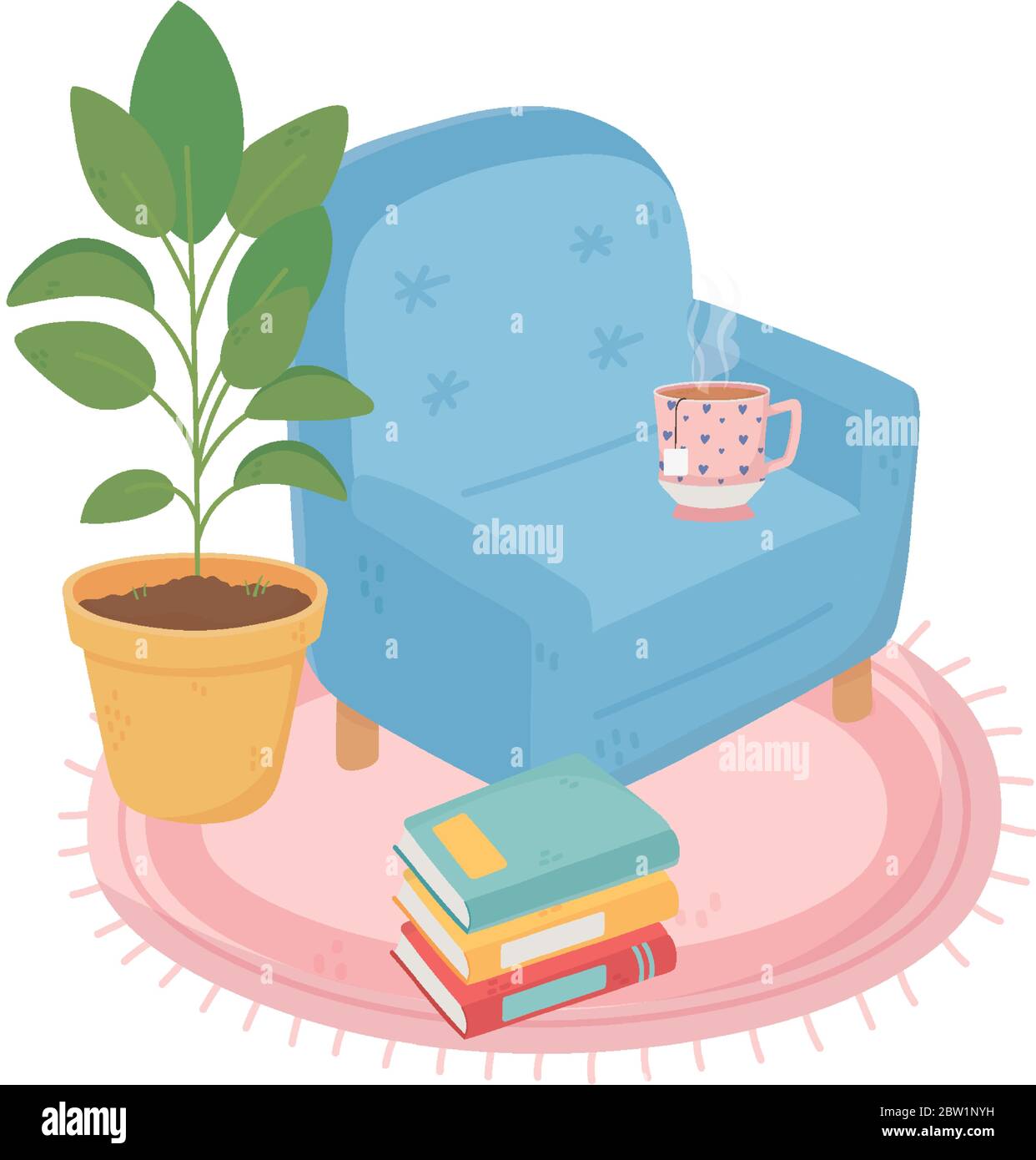 sweet home armchair with tea cup and stack of books potted plant vector ...