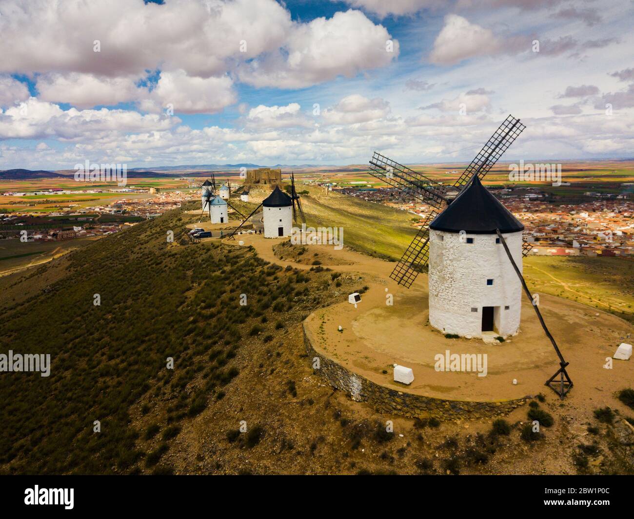 Aerial view of white cylindrical towers and pointed roofs of old ...