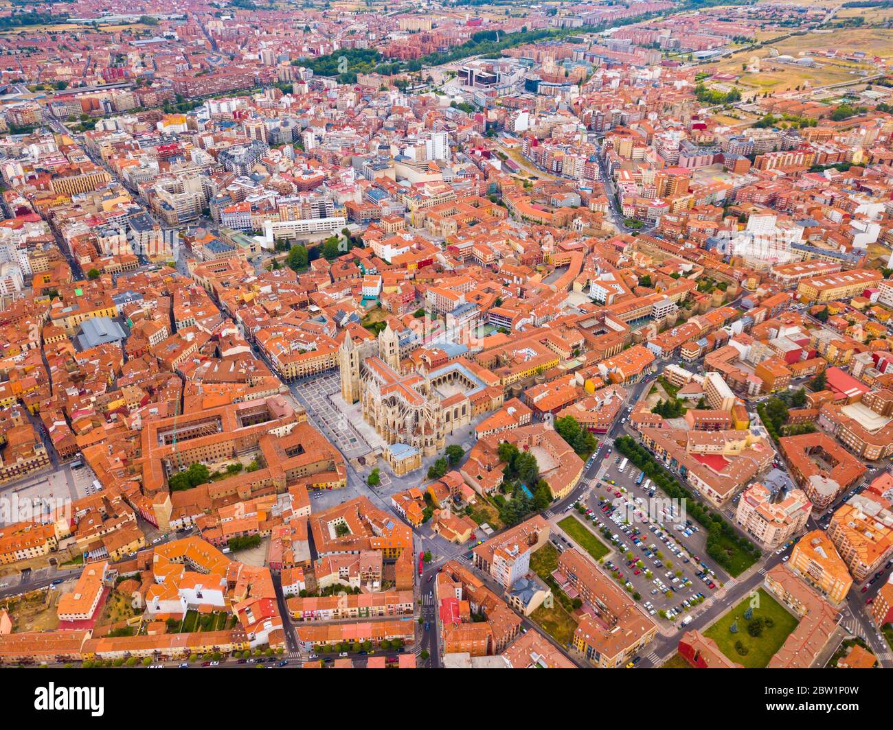 Aerial view of Leon cityscape with Santa María de Leon Cathedral and ...