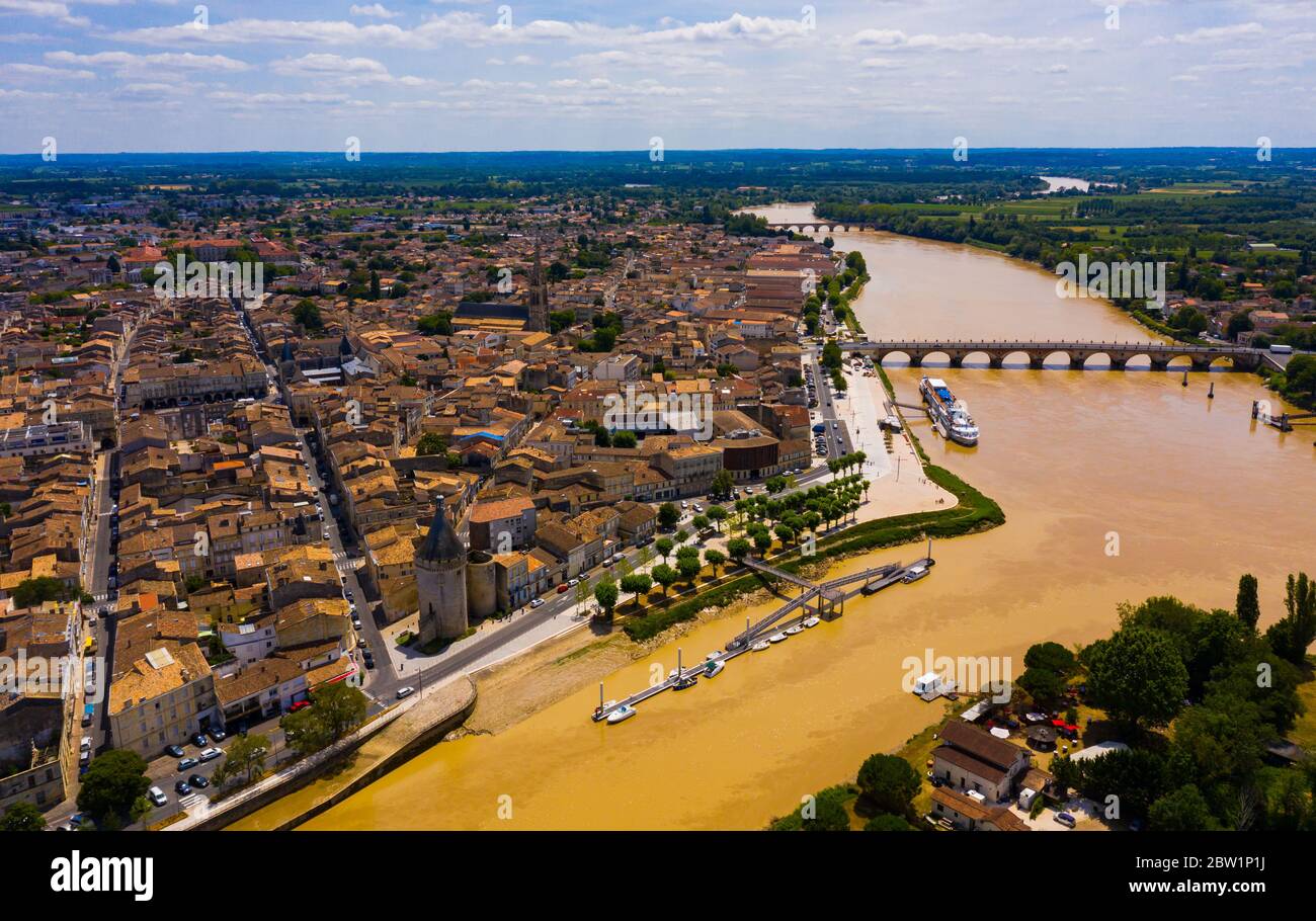 Panoramic view from the drone on the city Libourne. Confluence of the ...