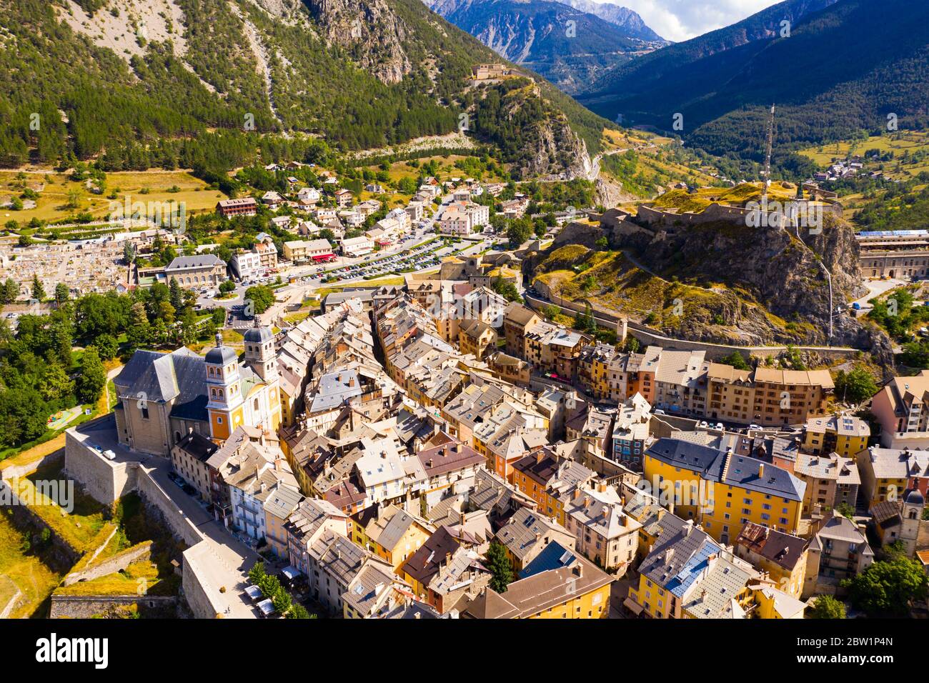 Aerial view of medieval fortified city of Briancon with impressive ...
