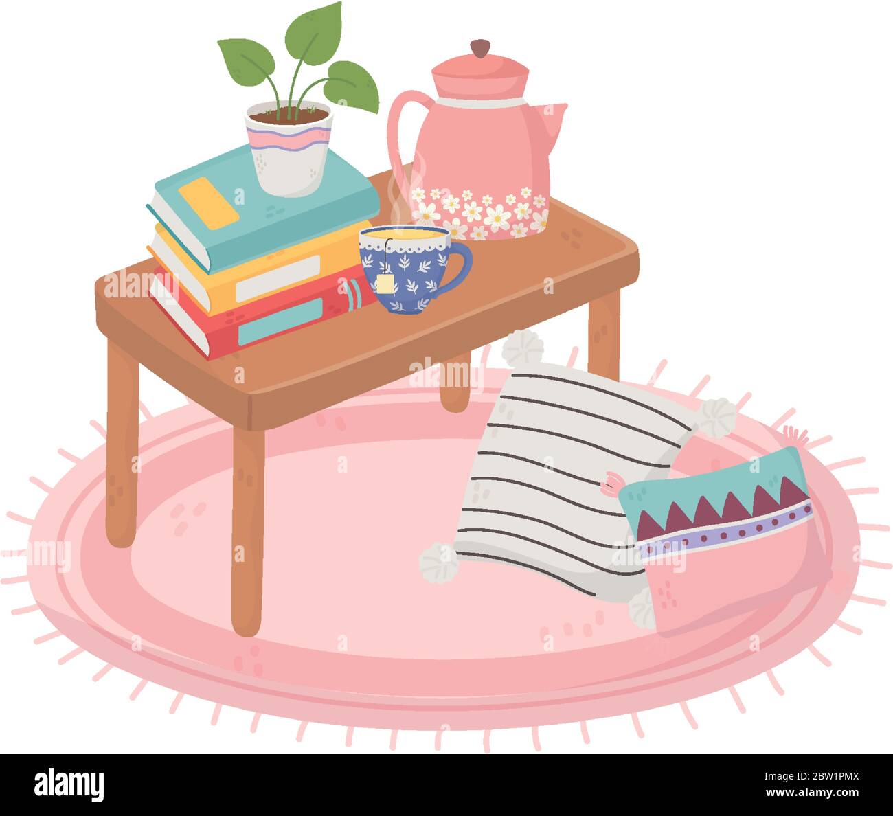 sweet home table with stack of books potted plant tea cup kettle vector ...