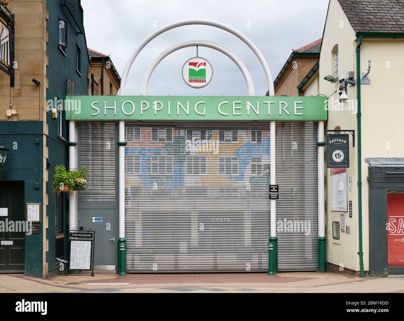 Shuttered entrance to Orchard Square Shopping Centre, Sheffield, during ...