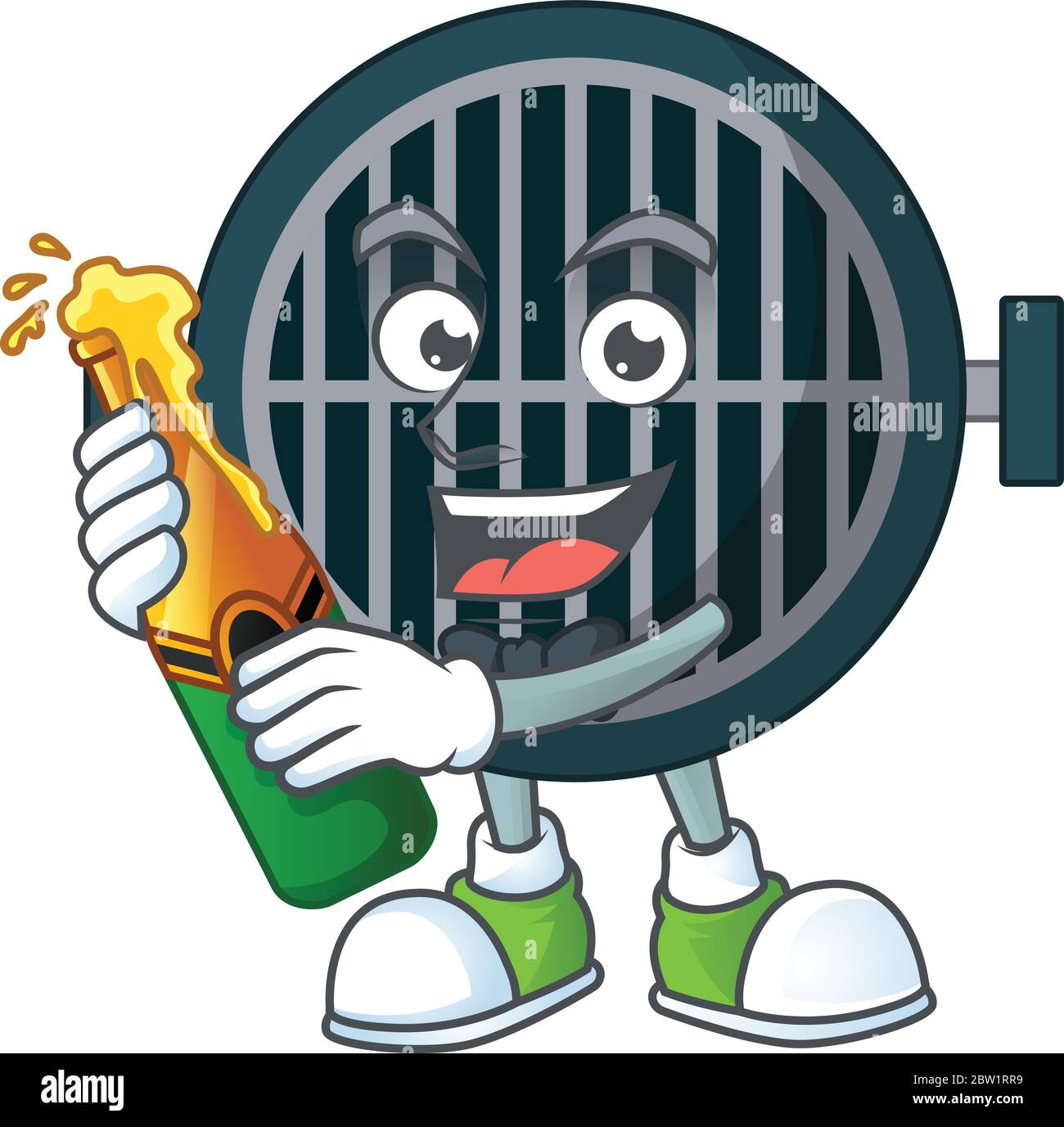 Happy face of grill cartoon design toast with a bottle of beer. Vector ...