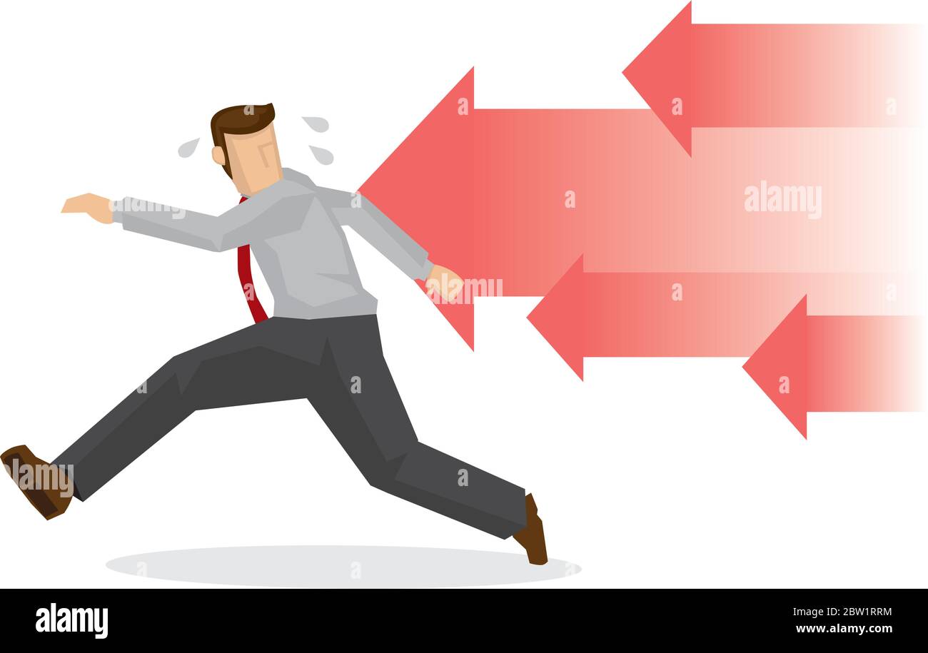 Businessman running away from red arrows. Concept of financial crisis ...