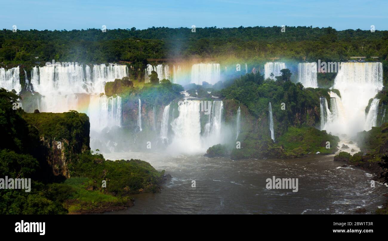 Panoramic view of the massive Iguazu Waterfalls system in Brazil Stock ...
