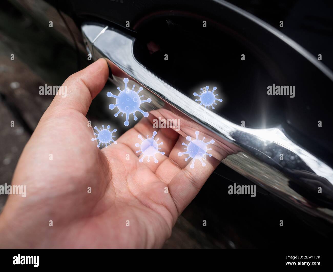 Hand opening handle on car door with virus floating around. Virus ...
