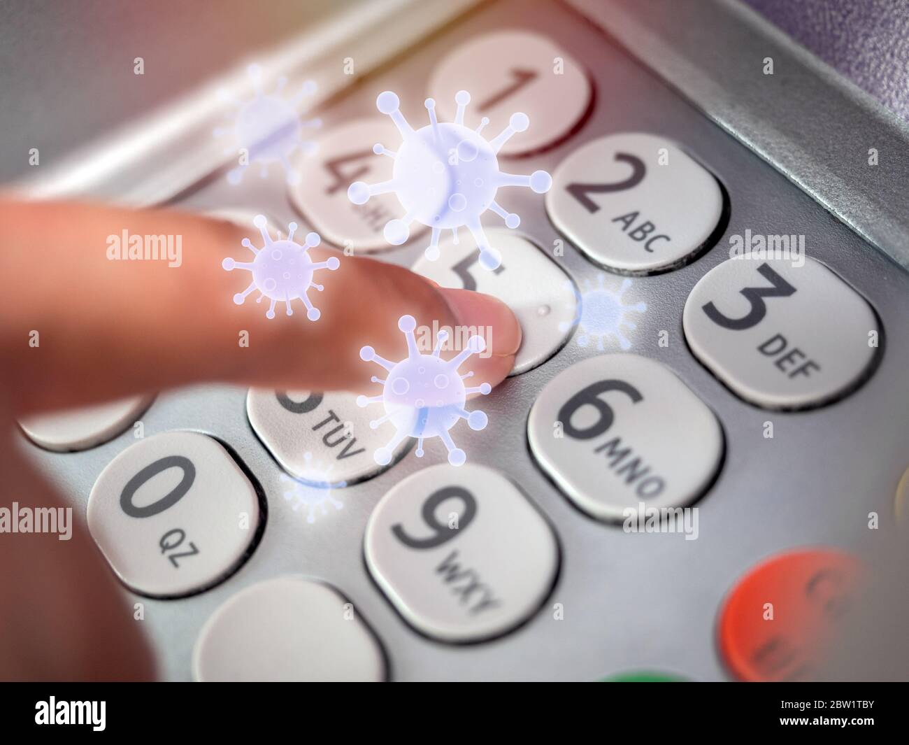 Finger pressing on number button on ATM machine with virus floating ...