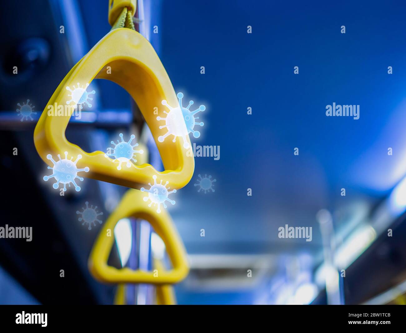 Close-up yellow handles in the shuttle bus with virus floating around ...