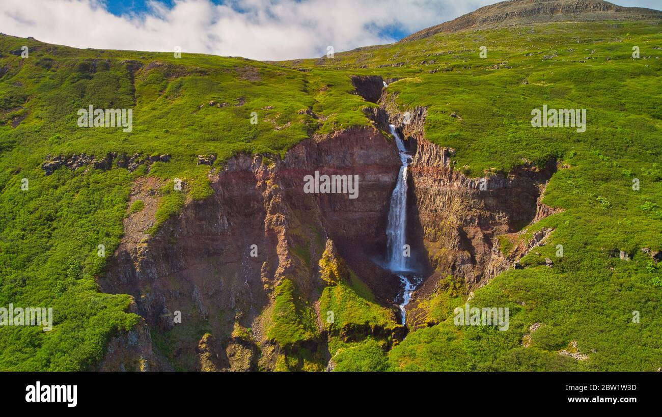 High air view of stuning waterfall and river with huge flow in the ...