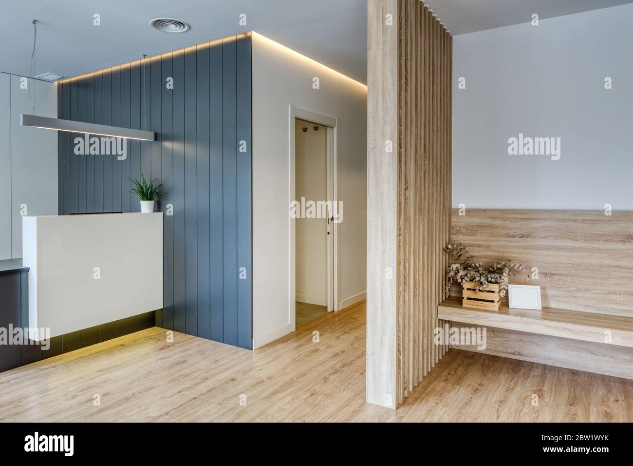 Modern design reception with desk, flowers, white walls and gray ...