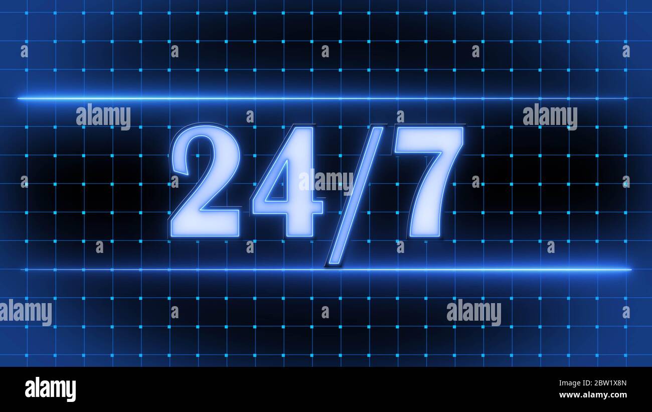 24 hours 7 days sign with graphic elements - neon style in blue color ...