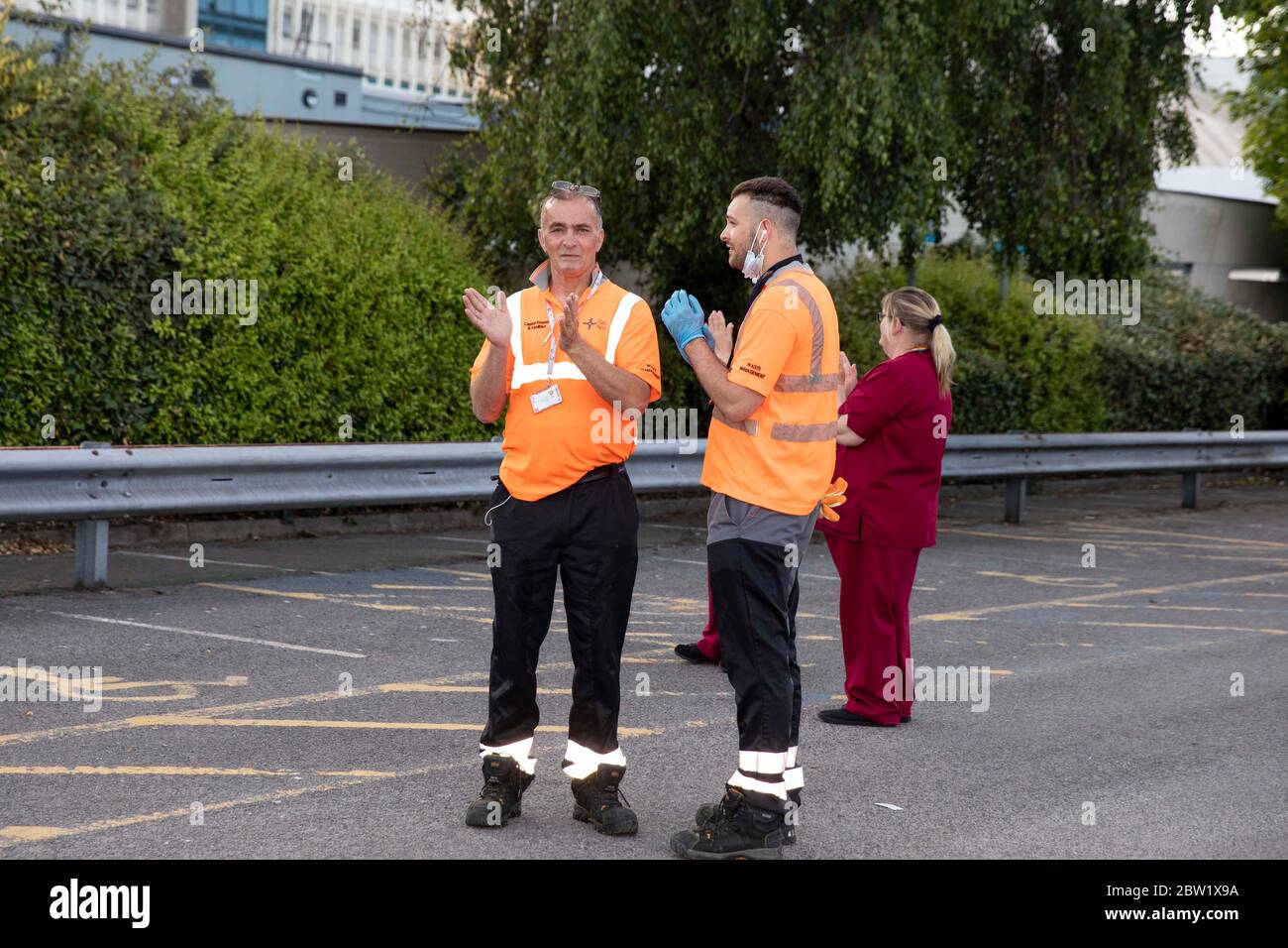 Waste management staff at the University Hospital of Wales in Cardiff ...