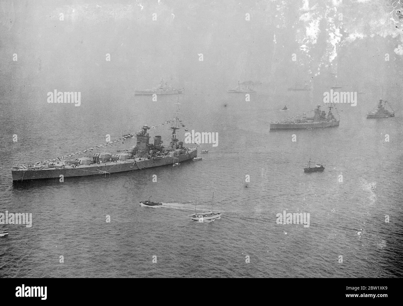 Fleet 'dressed' at Spithead for Kings naval review. An aerial view of ...