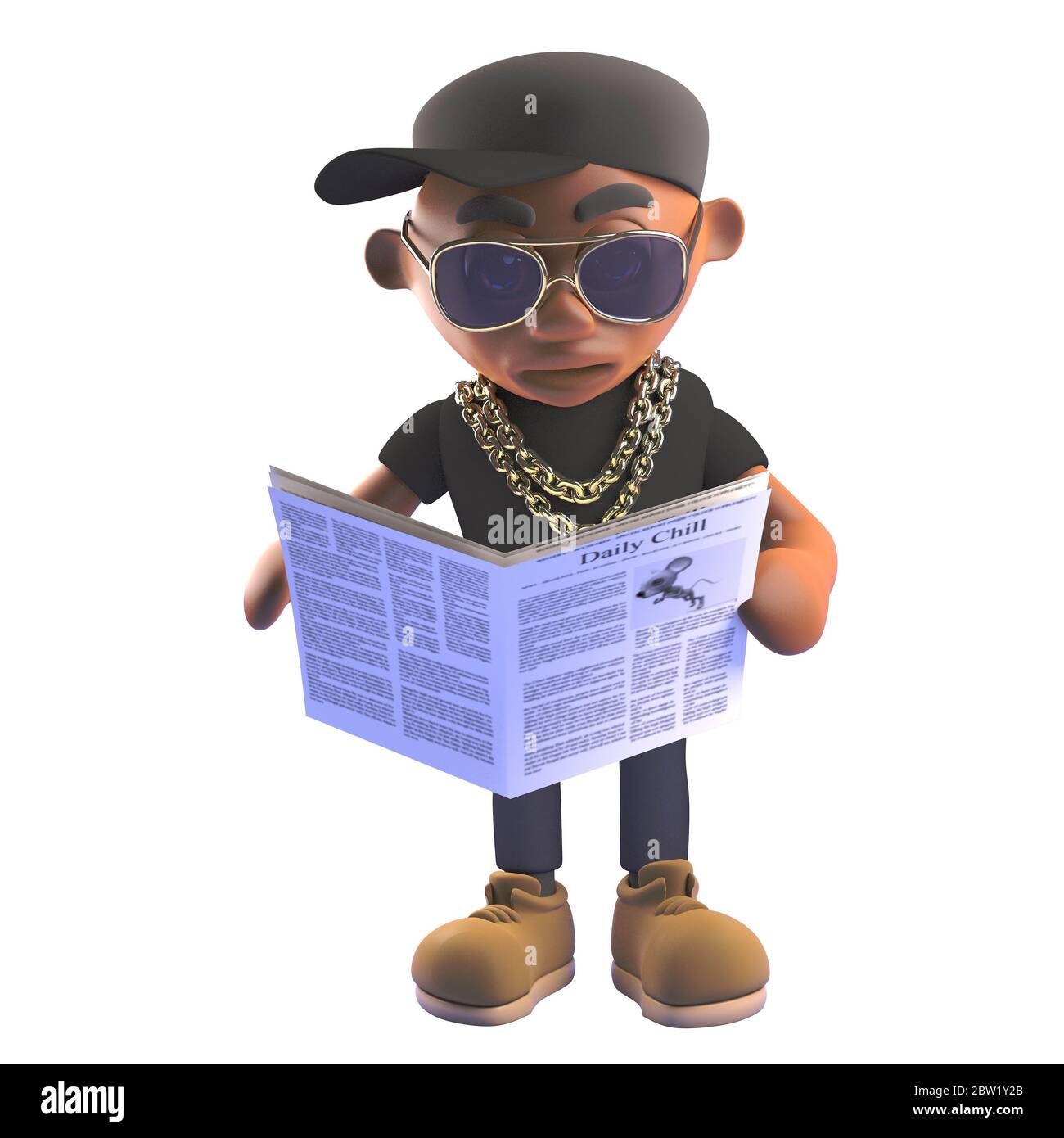3d cartoon black hiphop rapper emcee character reading a newspaper, 3d ...