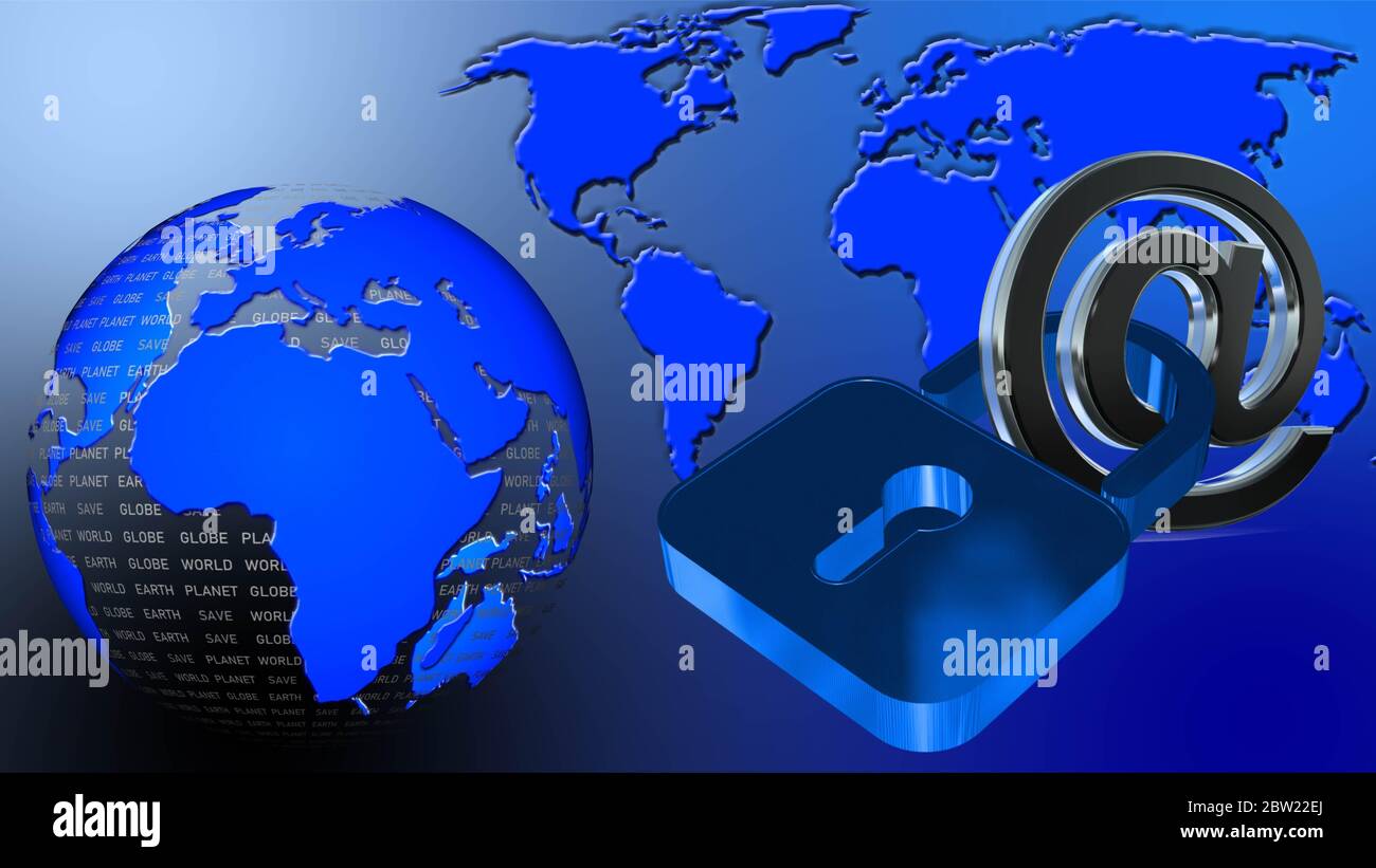 World map and earth globe - at sign with closed padlock - business or ...