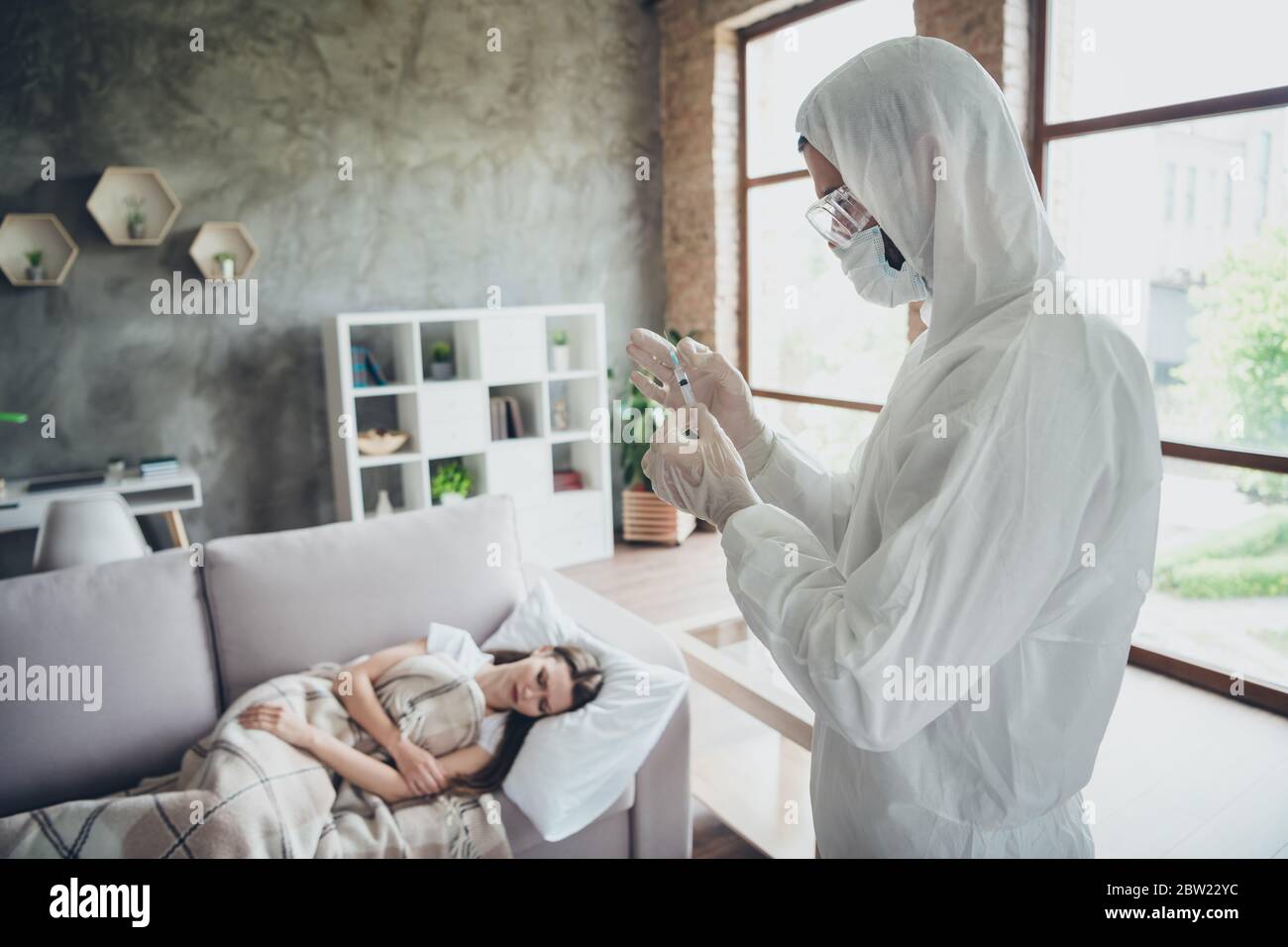 Photo of young sick patient lady lying sofa unwell call emergency ...